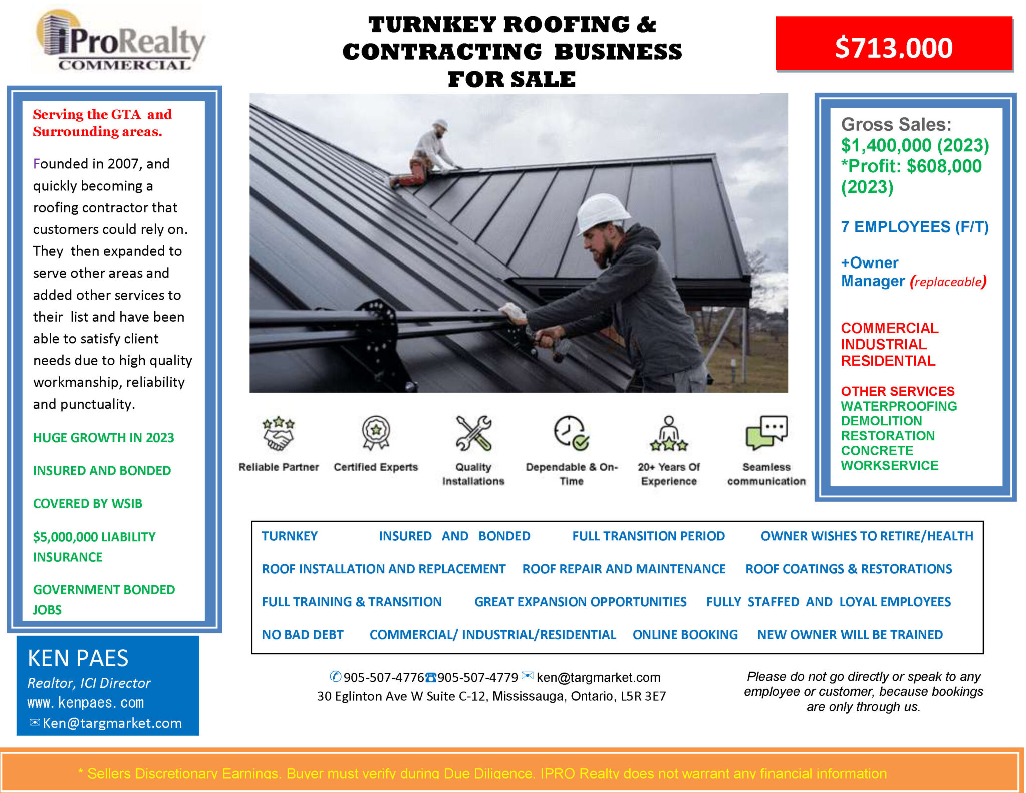 TURNKEY ROOFING & CONTRACTING BUSINESS FOR SALE – Ken Paes Business Broker